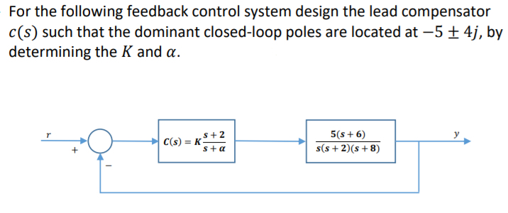 Solved For the following feedback control system design the | Chegg.com