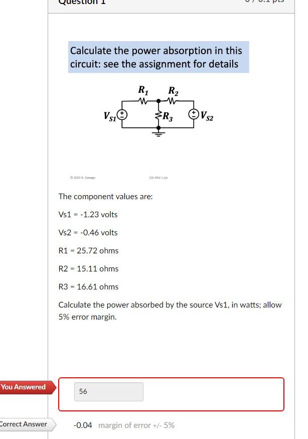 Solved Calculate the power absorption in this circuit: see | Chegg.com