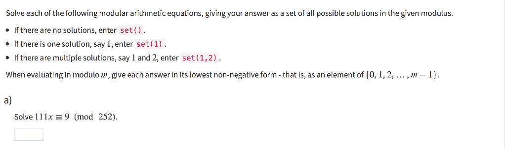 Solved Solve each of the following modular arithmetic | Chegg.com Solved Solve each of the following modular arithmetic | Chegg.com