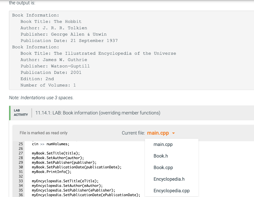11.14 LAB: Book information (overriding member | Chegg.com