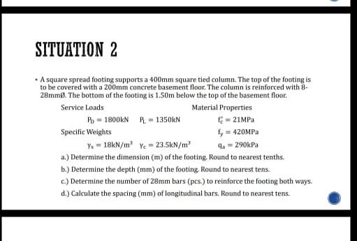SITUATION 2 • A square spread footing supports a | Chegg.com