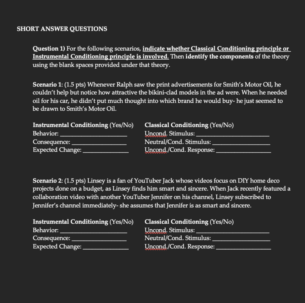 Solved Question 1) For the following scenarios, indicate | Chegg.com