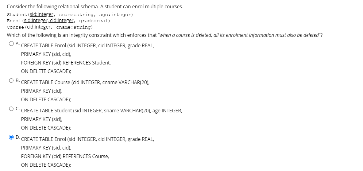 Solved Consider the following relational schema. A student | Chegg.com