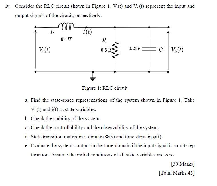 Solved iv. Consider the RLC circuit shown in Figure 1. Vi(t) | Chegg.com