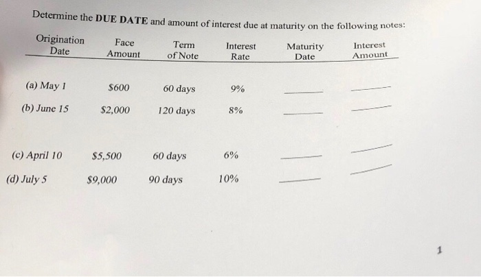 Solved Determine the DUE DATE and amount of interest due at | Chegg.com