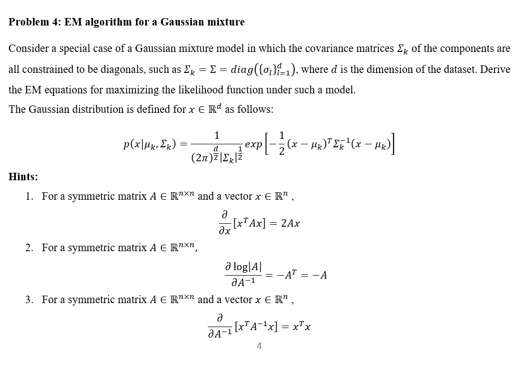 Solved Problem 4: EM algorithm for a Gaussian mixture | Chegg.com