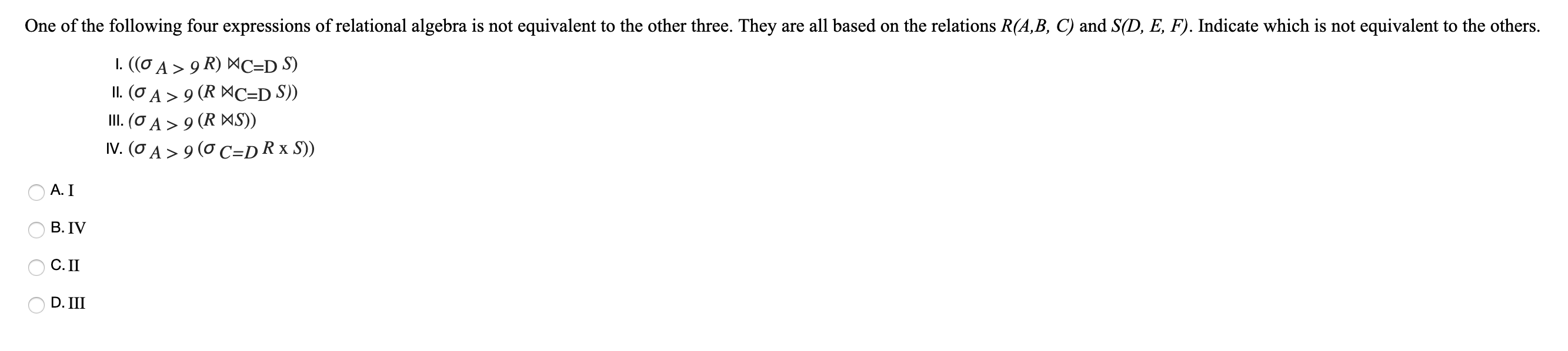 Solved One of the following four expressions of relational | Chegg.com