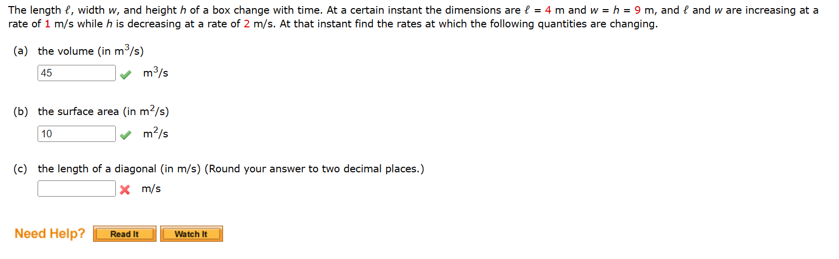 Solved The length ℓ, width w, and height h of a box change | Chegg.com