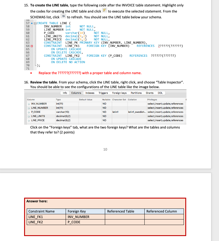 Solved 15. To create the LINE table, type the following code | Chegg.com