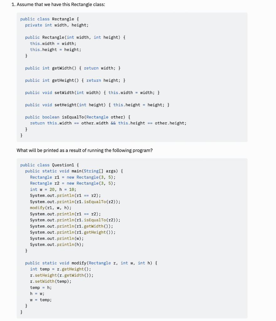 Solved 1. Assume that we have this Rectangle class: public | Chegg.com