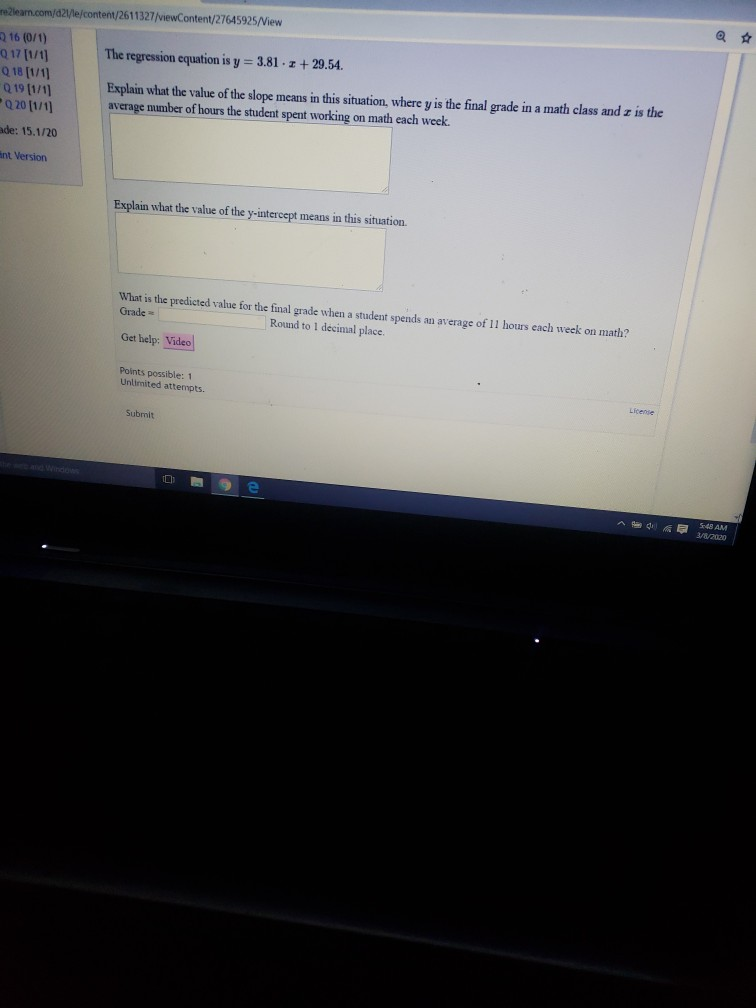 Solved Linear regression and Correlation Aureen TI Due Sun | Chegg.com