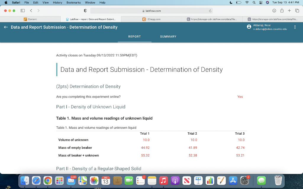 Solved Data and Report Submission - Determination of Density | Chegg.com