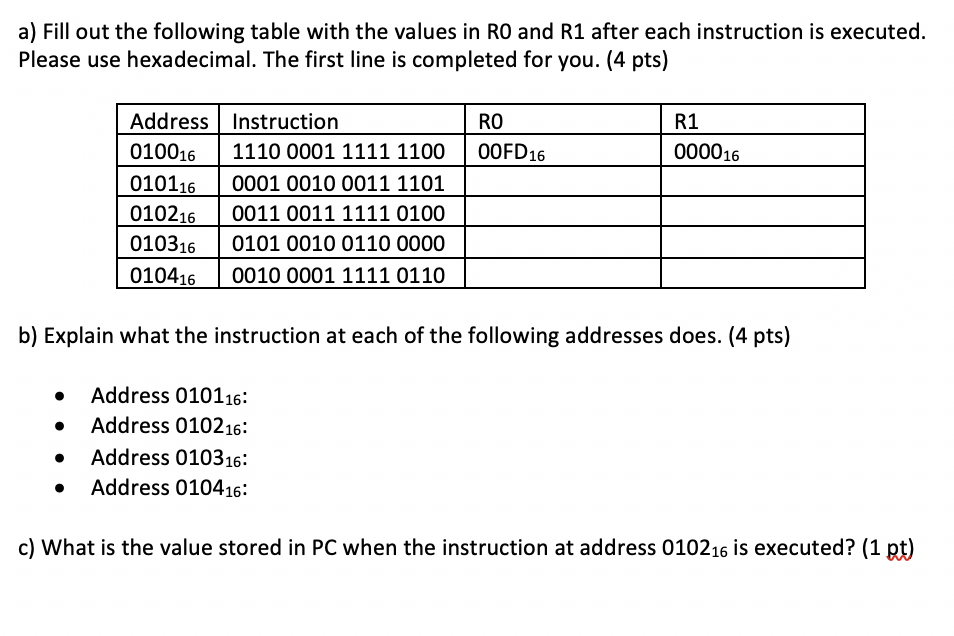 a) Fill out the following table with the values in RO | Chegg.com