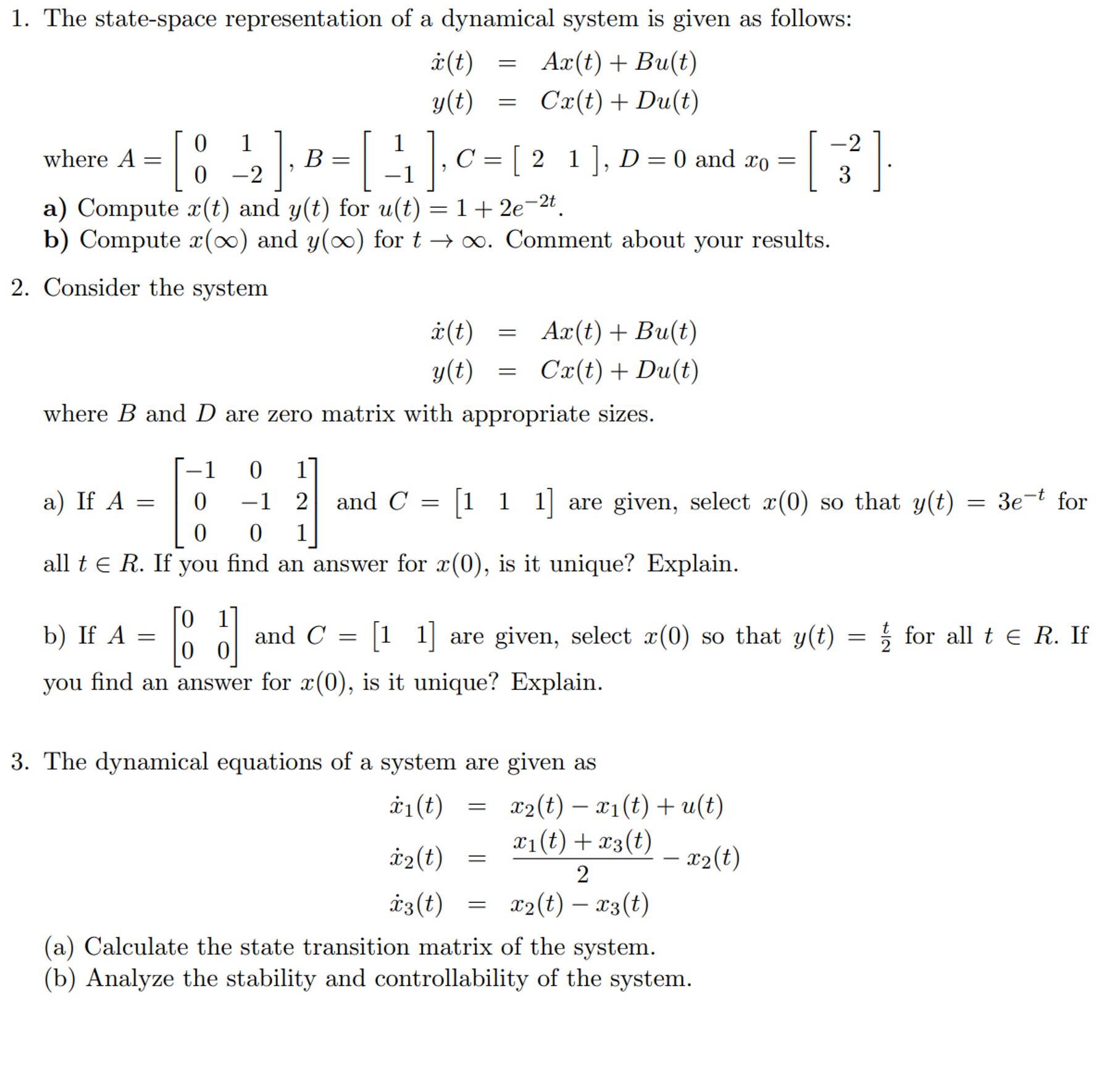 Solved The State Space Representation Of A Dynamical System