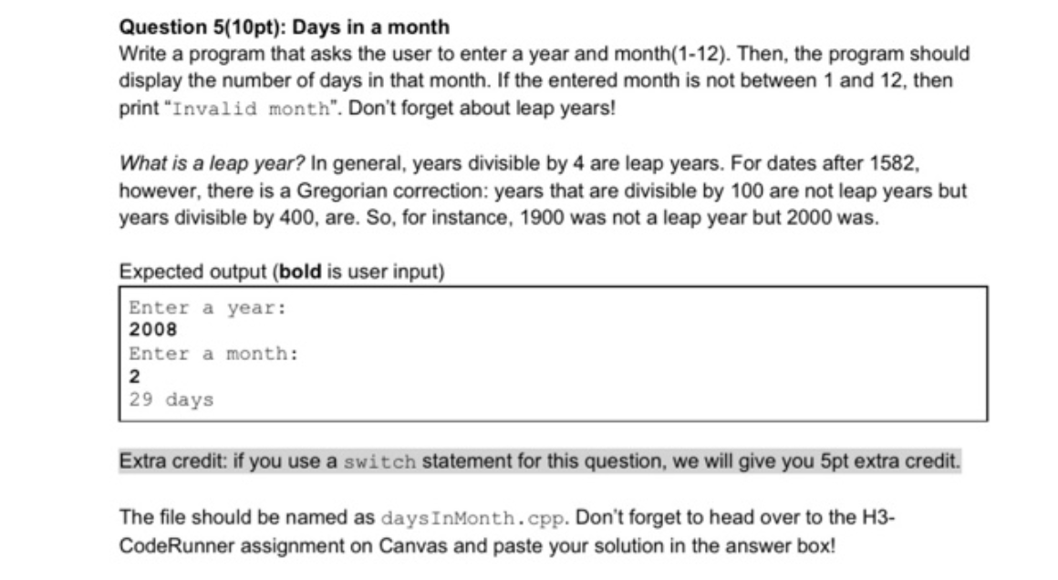 Solved Question 5 10pt Days In A Month Write A Program