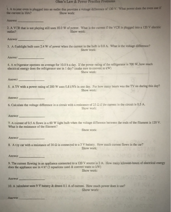Solved Ohm's Law&Power Practice Problems LA toster oven is | Chegg.com