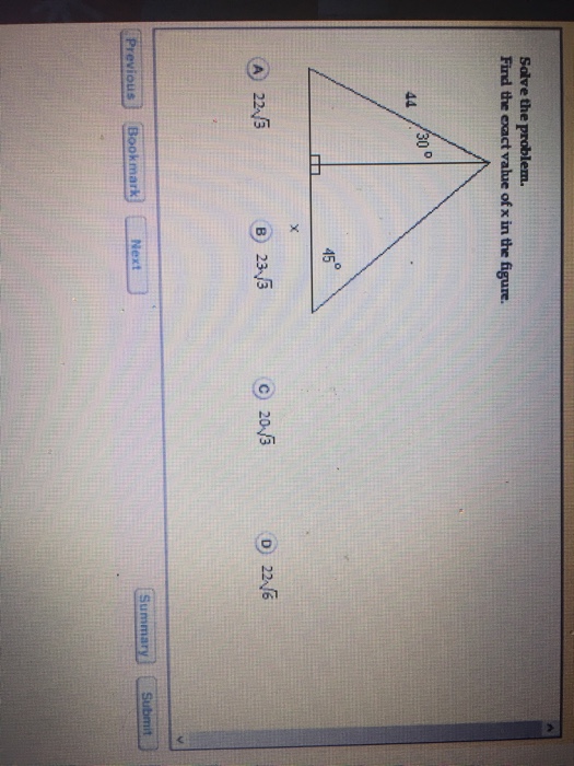 Solved Solve the problem. Find the exact value of x in the | Chegg.com