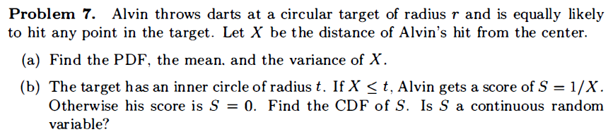 Solved Problem 7. Alvin throws darts at a circular target of | Chegg.com