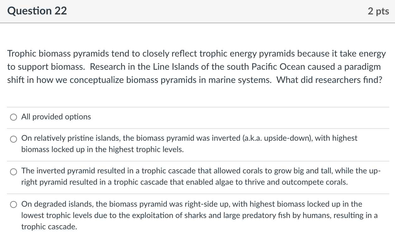 Solved Question 22 2 pts Trophic biomass pyramids tend to | Chegg.com