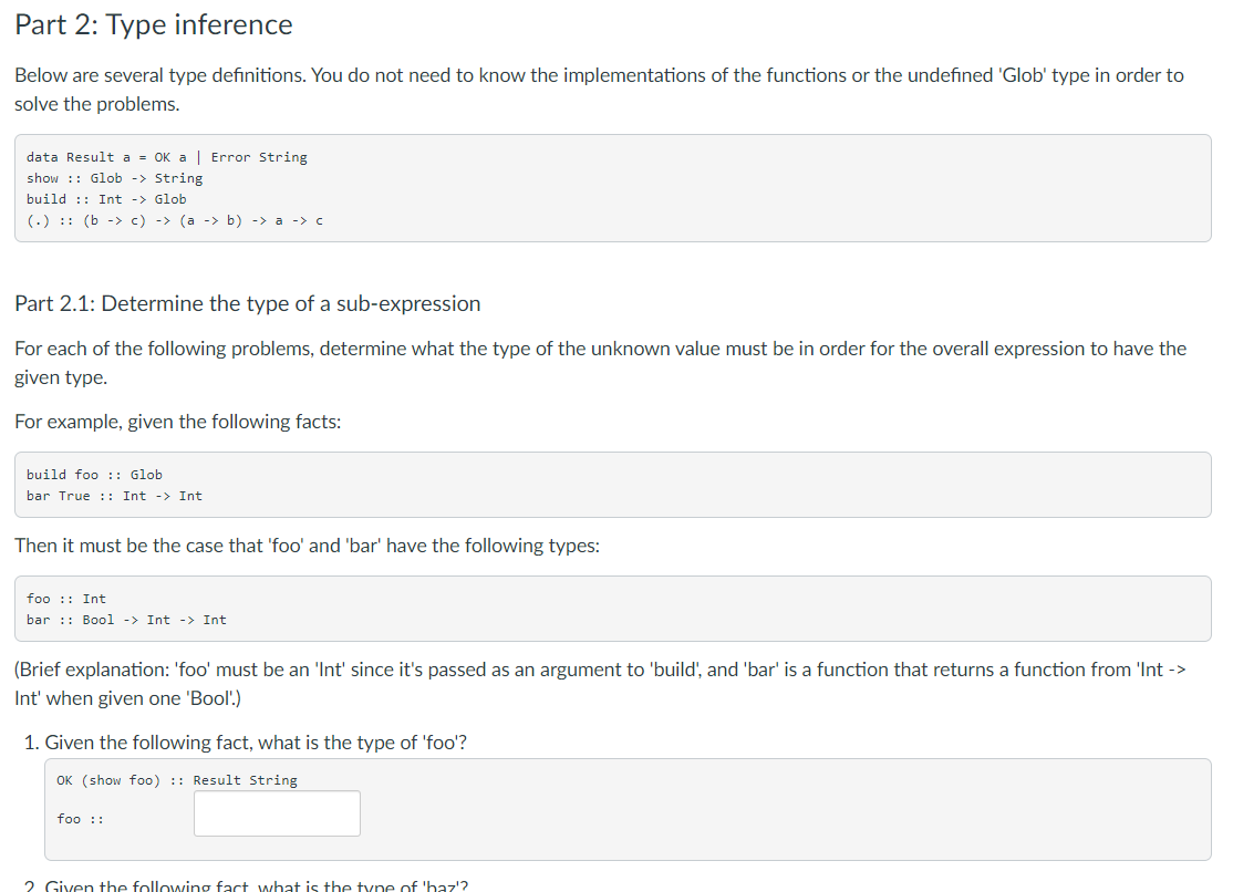 Part 2: Type inference Below are several type | Chegg.com