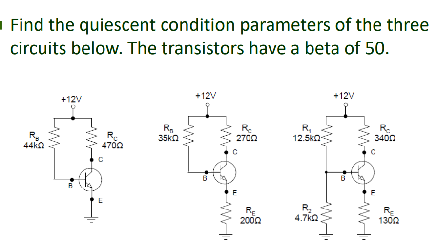 Solved Find the quiescent condition parameters of the three | Chegg.com