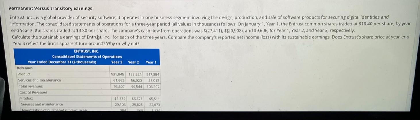 Solved Permanent Versus Transitory Earnings Entrust, Inc., | Chegg.com