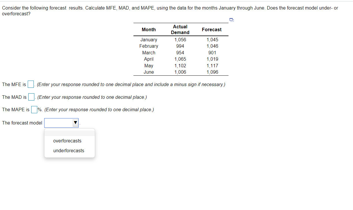 Solved Consider the following forecast results. Calculate | Chegg.com