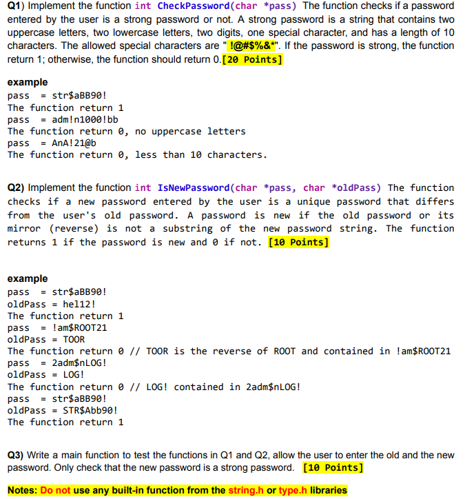 Solved Q1 Implement The Function Int Checkpassword Char