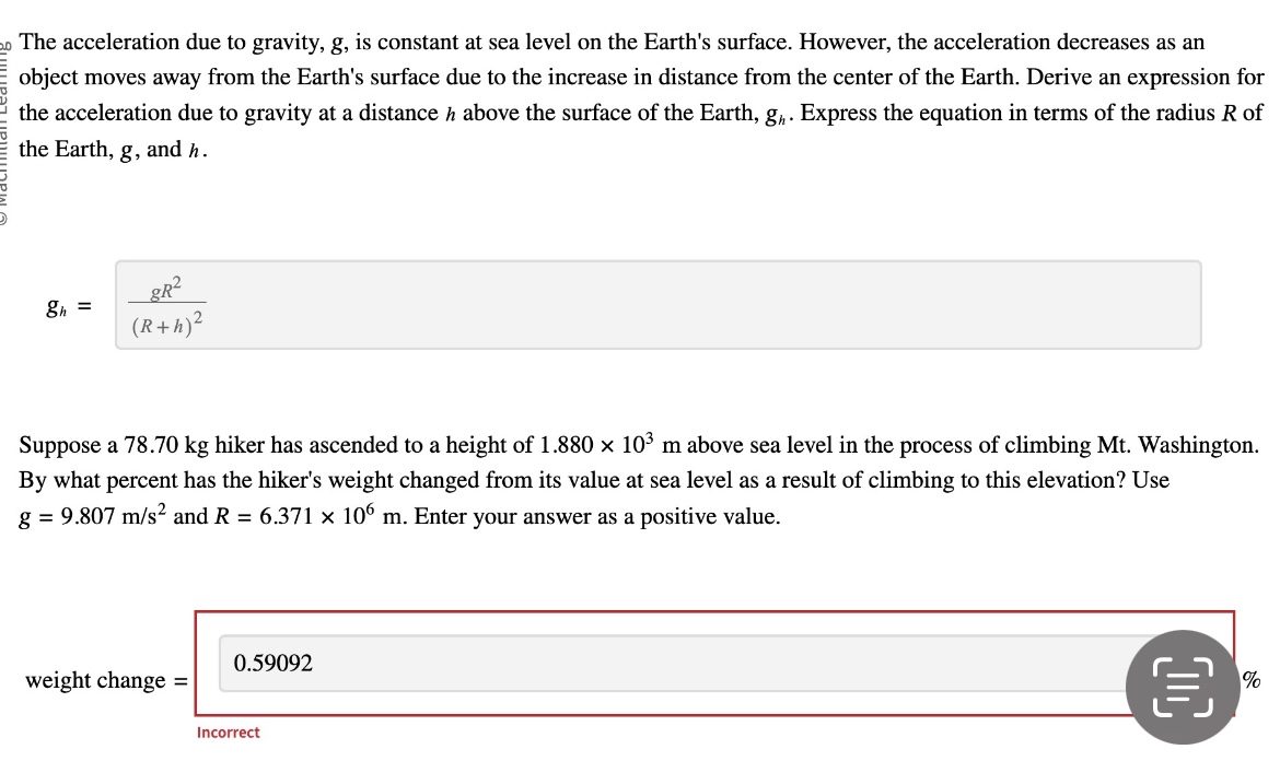 Solved The acceleration due to gravity, g, is constant at | Chegg.com