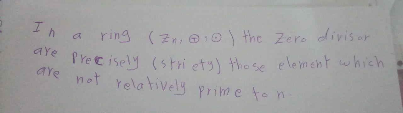 Solved In a ring (zn.) the Zero divisor , are precisely | Chegg.com
