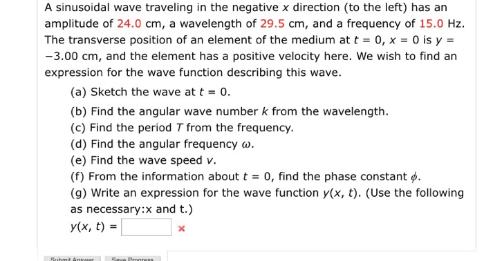 Solved A sinusoidal wave traveling in the negative x | Chegg.com