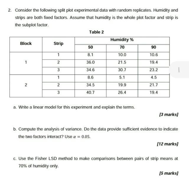 Solved 2. Consider the following split plot experimental | Chegg.com