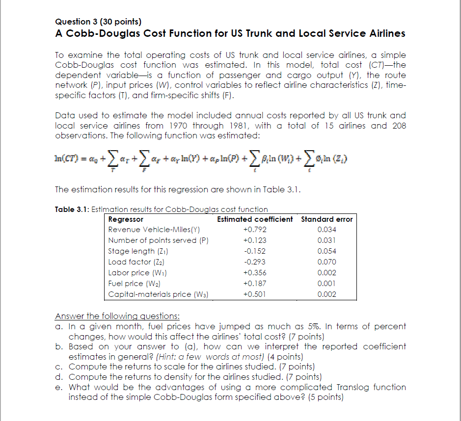 Question 3 (30 points) A Cobb-Douglas Cost Function | Chegg.com