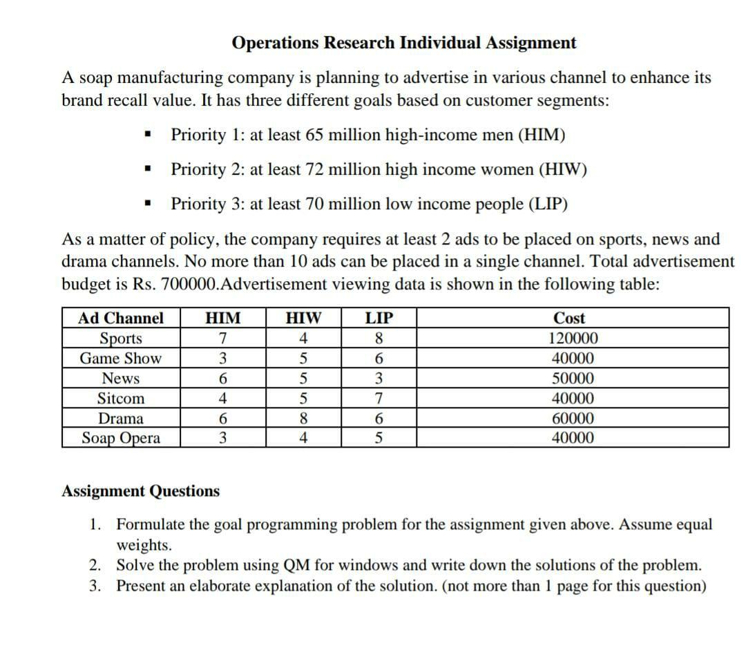 Solved . Operations Research Individual Assignment A soap | Chegg.com
