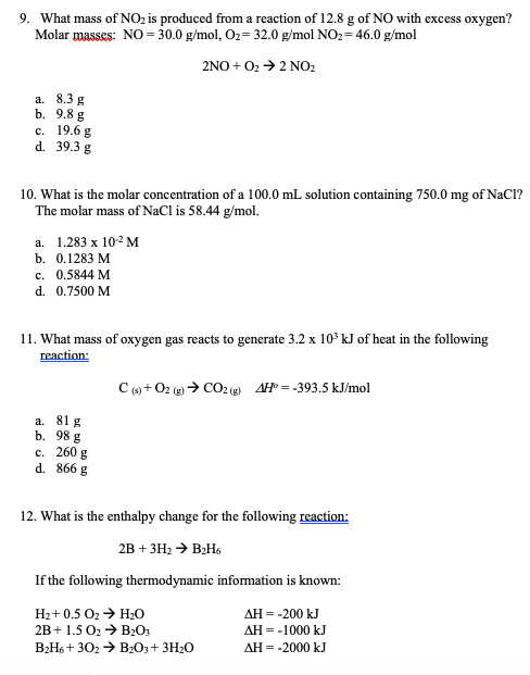 Solved 9. What mass of NO2 is produced from a reaction of | Chegg.com
