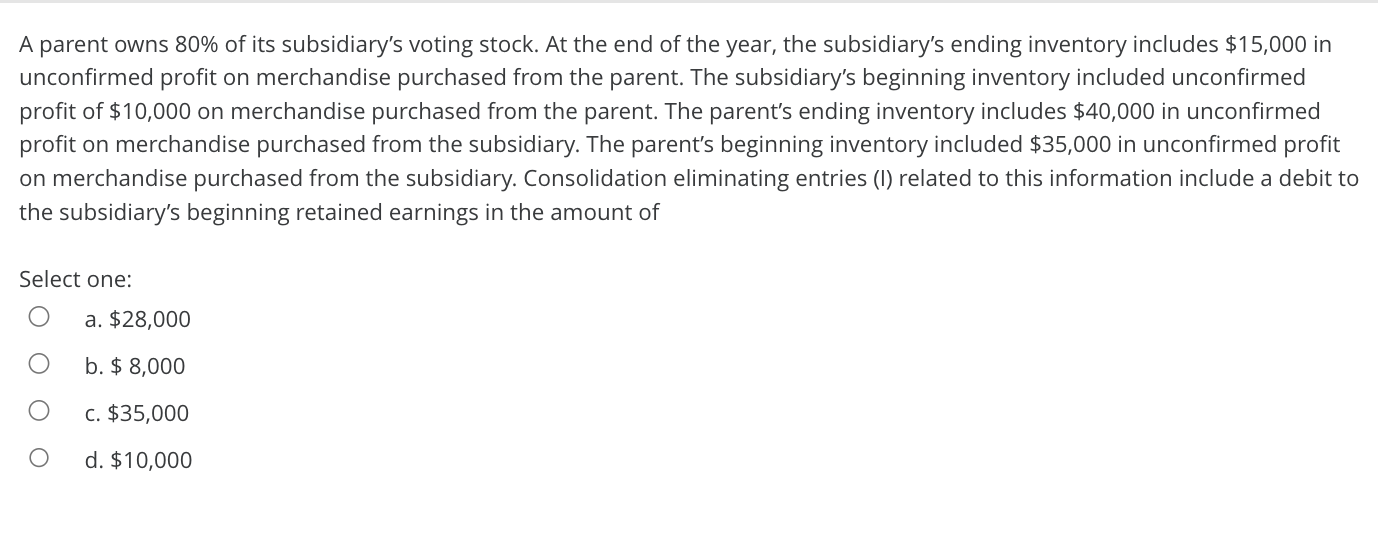 Solved A parent owns 80% ﻿of its subsidiary's voting stock. | Chegg.com