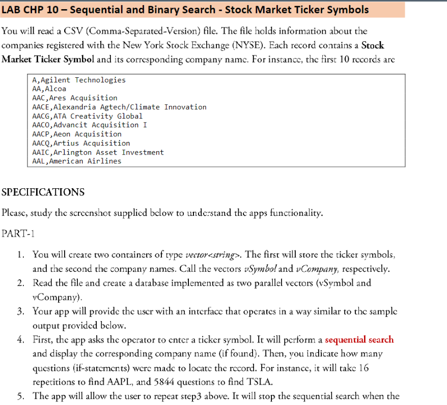 Solved LAB CHP 10 - Sequential and Binary Search - Stock | Chegg.com