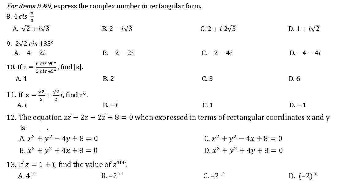Solved For items 8&9, express the complex number in | Chegg.com