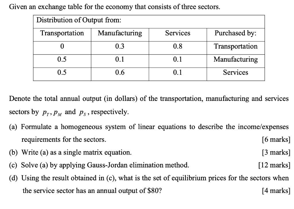 Solved Given an exchange table for the economy that consists | Chegg.com