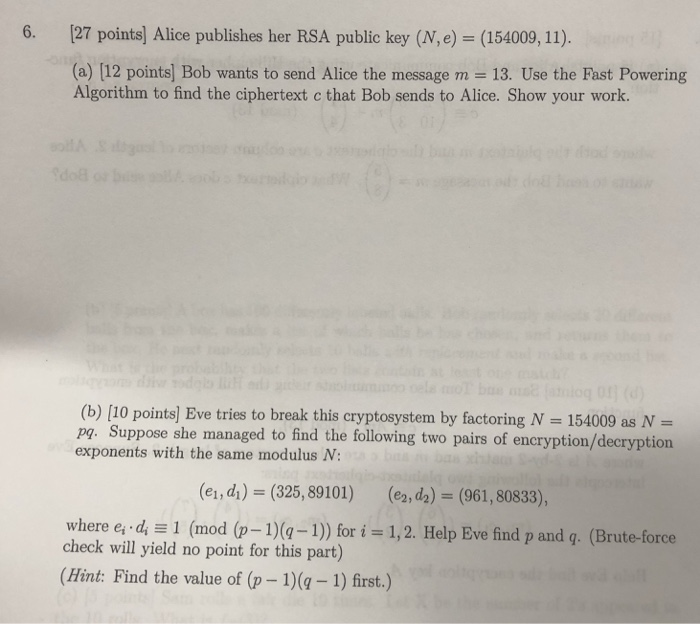 6. [27 points] Alice publishes her RSA public key | Chegg.com