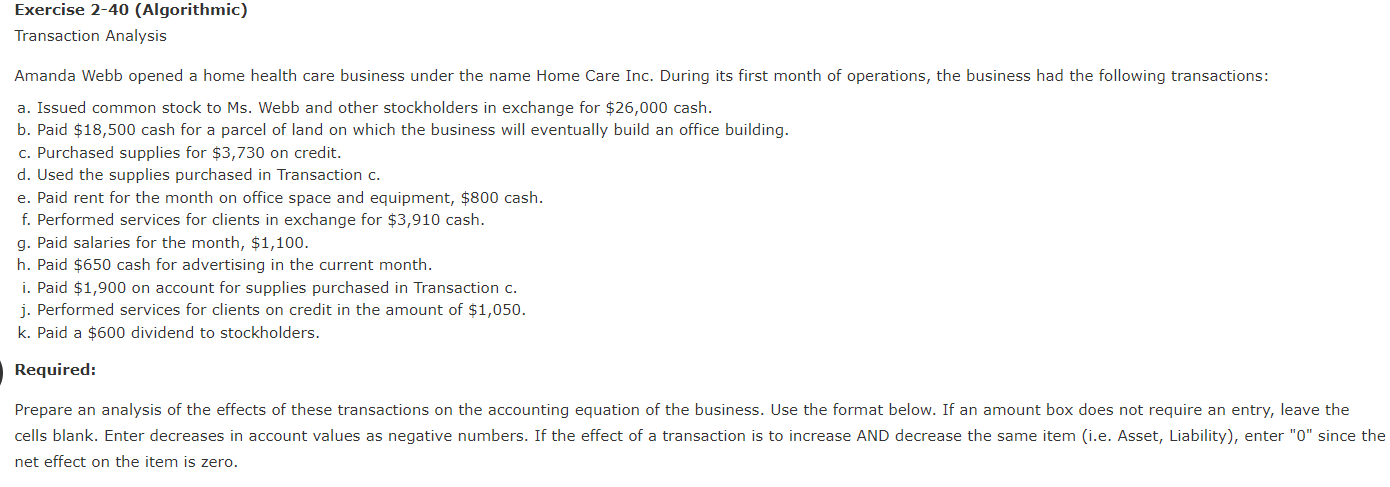 Solved Exercise 2-40 (Algorithmic) Transaction Analysis | Chegg.com