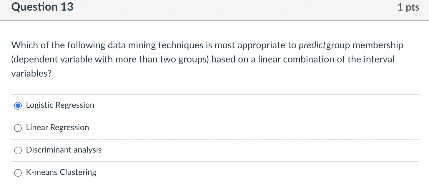 Solved Question 13 1 pts Which of the following data mining | Chegg.com