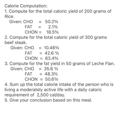 Solved Calorie Computation: 1. Compute for the total caloric | Chegg.com