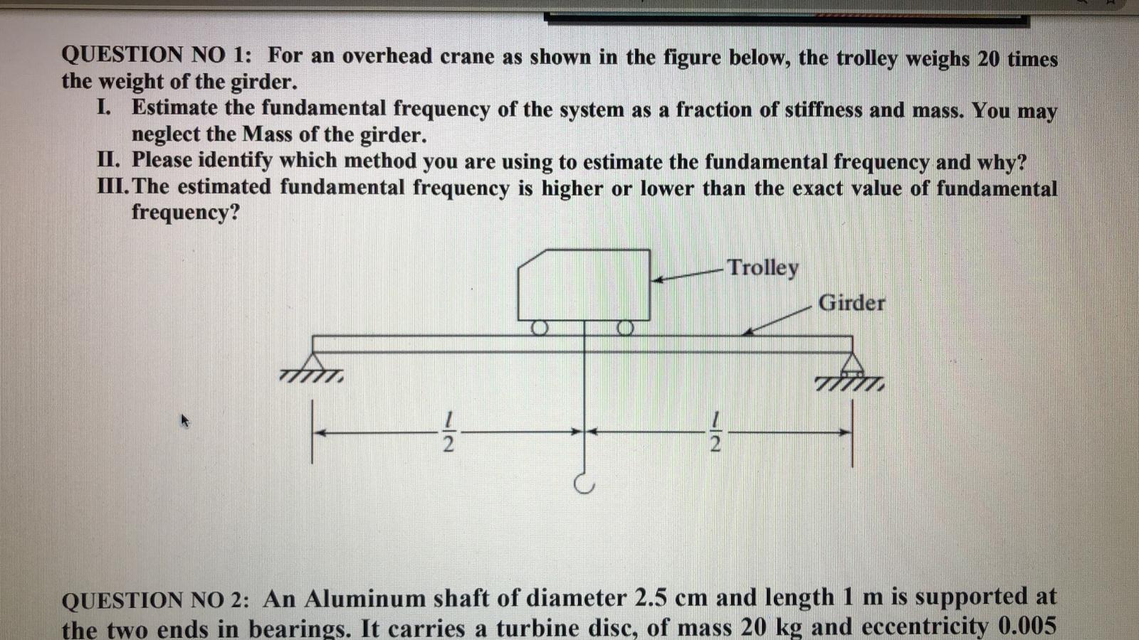 Solved QUESTION NO 1: For an overhead crane as shown in the | Chegg.com