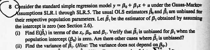 Solved 8 Consider The Standard Simple Regression Model Y 6225