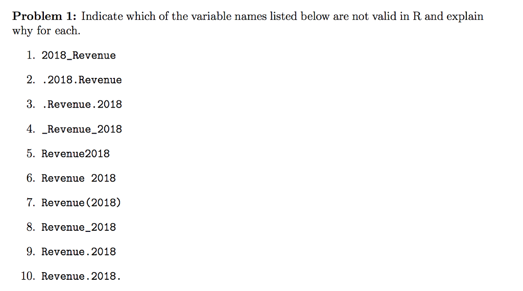 Solved Which Of These Are Valid Variable Names In R coding Chegg