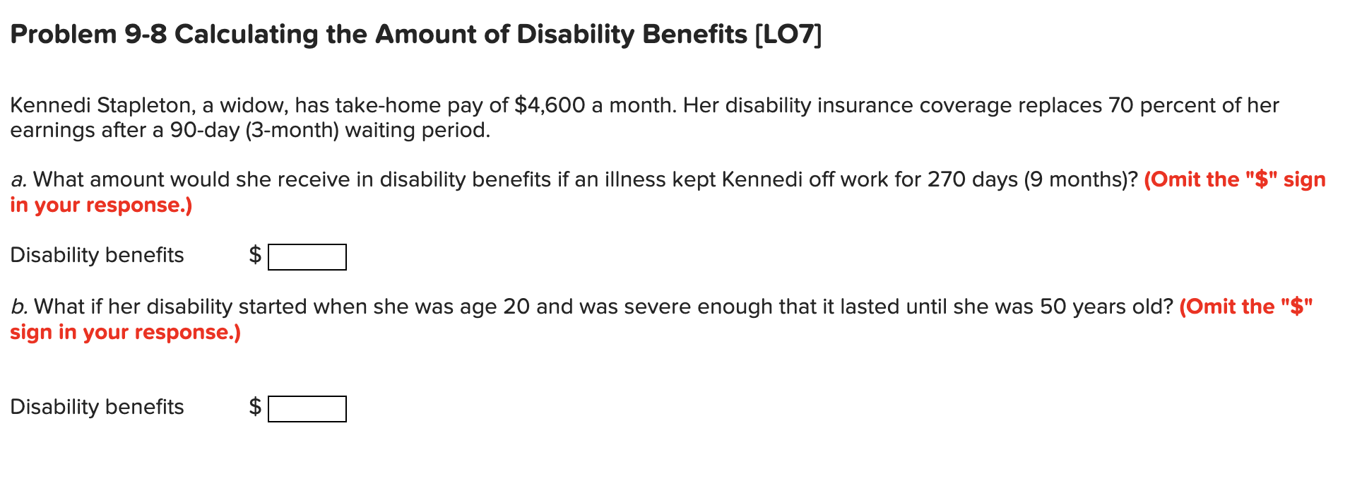 Solved Problem 9-8 ﻿Calculating the Amount of Disability | Chegg.com