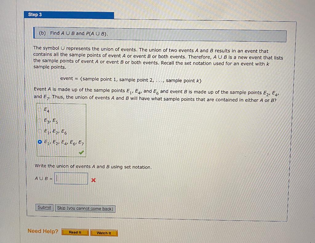 Solved Step 3 (b) Find A UB and P(AUB). The symbol U | Chegg.com