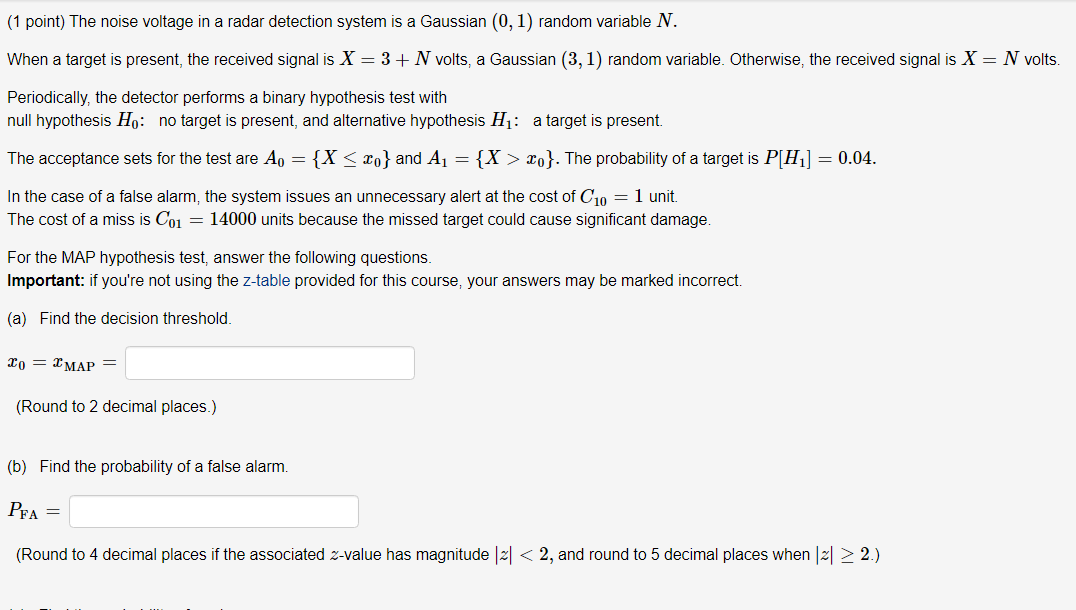 (1 point) The noise voltage in a radar detection | Chegg.com