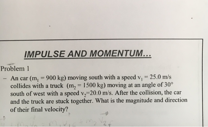 Solved A car (m1=900kg) moving south with a speed of v1= | Chegg.com
